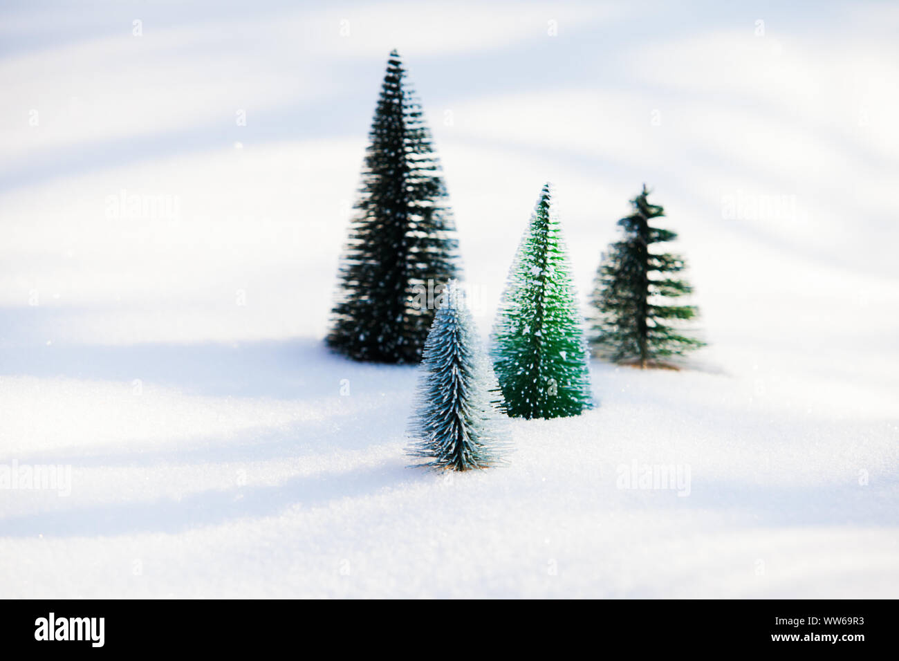Close view of four tiny fluffy artificial fir trees standing on a white ...
