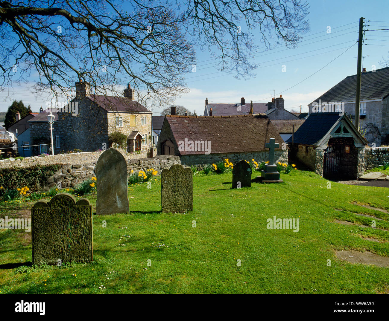 St Mary's churchyard, Cilcain, Flintshire, Wales, UK, showing lychgate ...