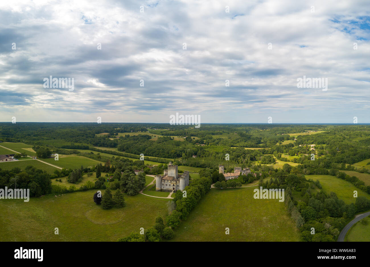 Aerial view of ancient fortified castle of Chateau de Roquetaillade in ...