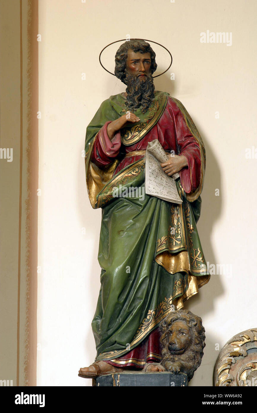 Saint Mark the Evangelist, statue on the altar of the Sacred Heart of Jesus in Saint Mary ...