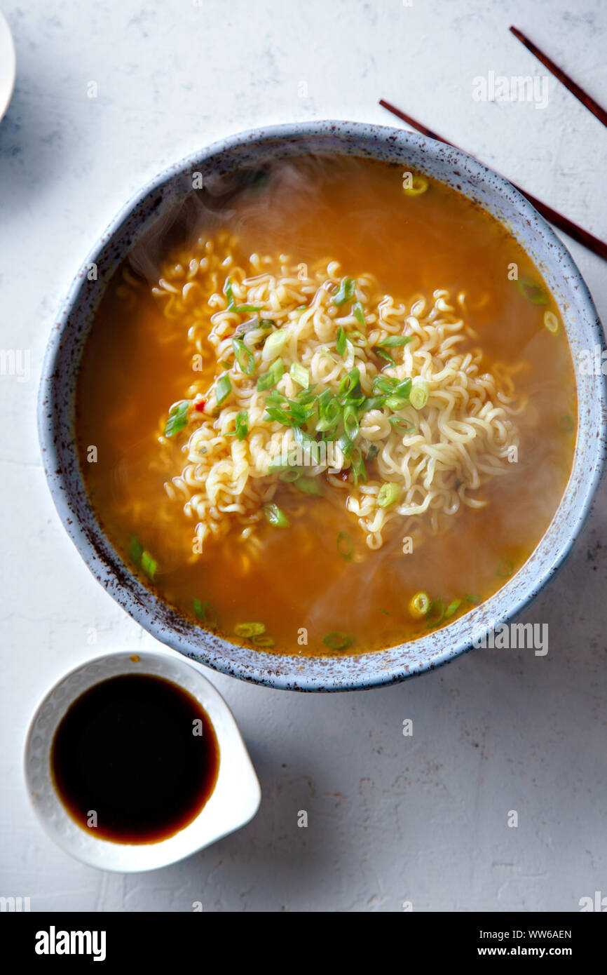 Top view picture of easy japanese ramen with noodles, pork broth, egg ...