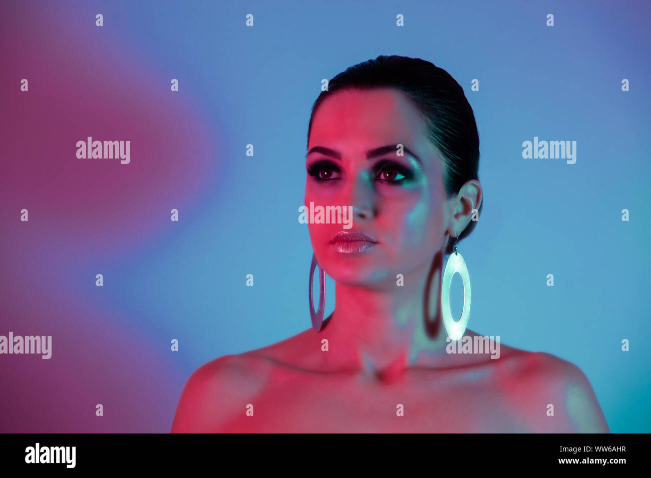 Surprised Woman Pin up Girl. Make up and Beauty Woman over blue ...