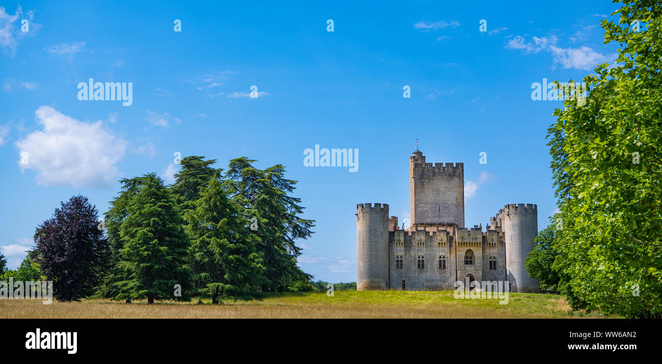 Aerial view of ancient fortified castle of Chateau de Roquetaillade in ...