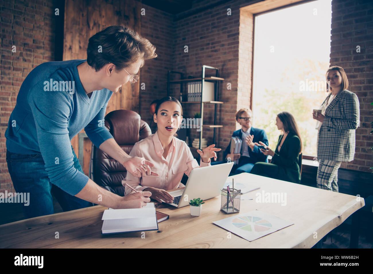 Close up photo business people he him his she her modern office lawyer ...