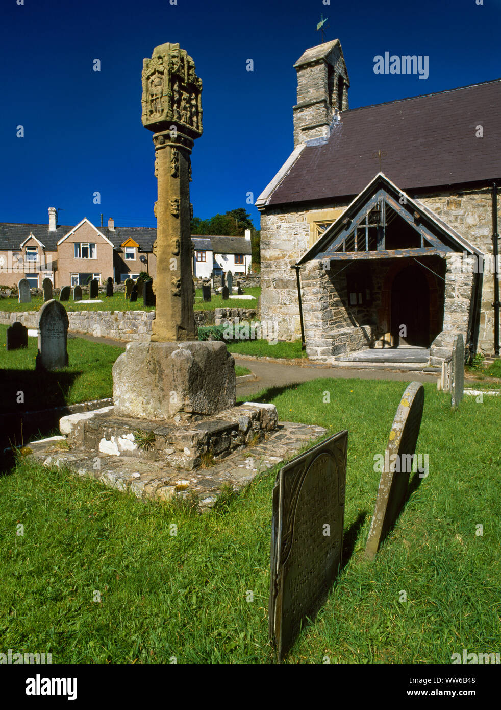 View NW of S(L) & E(R) faces of Derwen Medieval (C15th) preaching cross ...