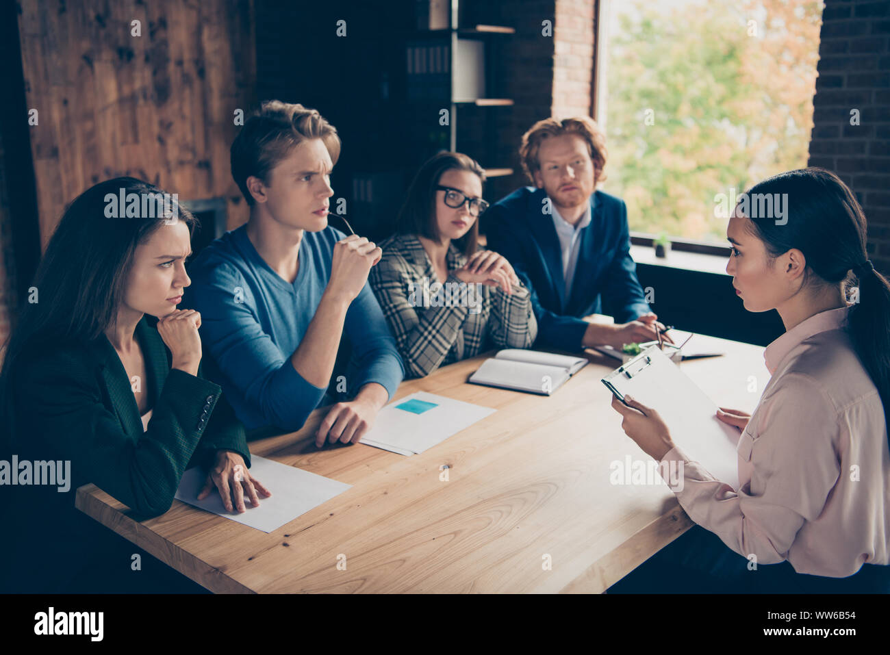Close up side profile view photo business people he him his she her ...