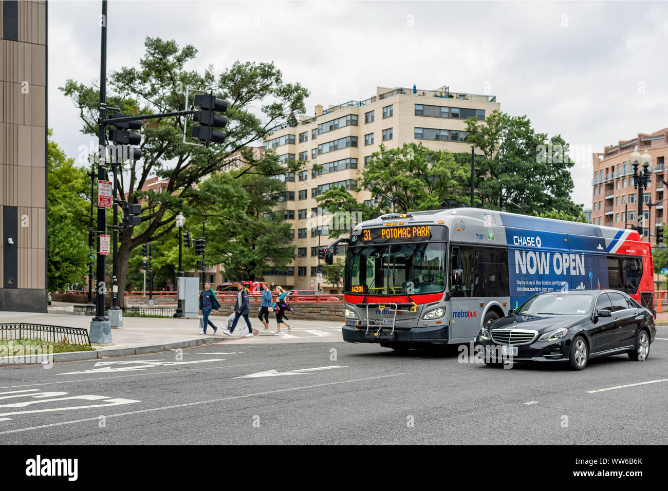 Washington DC, USA - June 9, 2019: Pedestrians and traffic on city ...