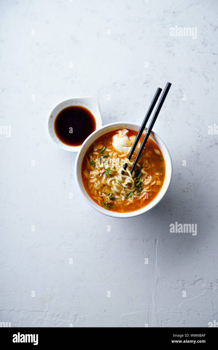 Overhead image of easy japanese ramen with noodles, pork broth, egg and ...