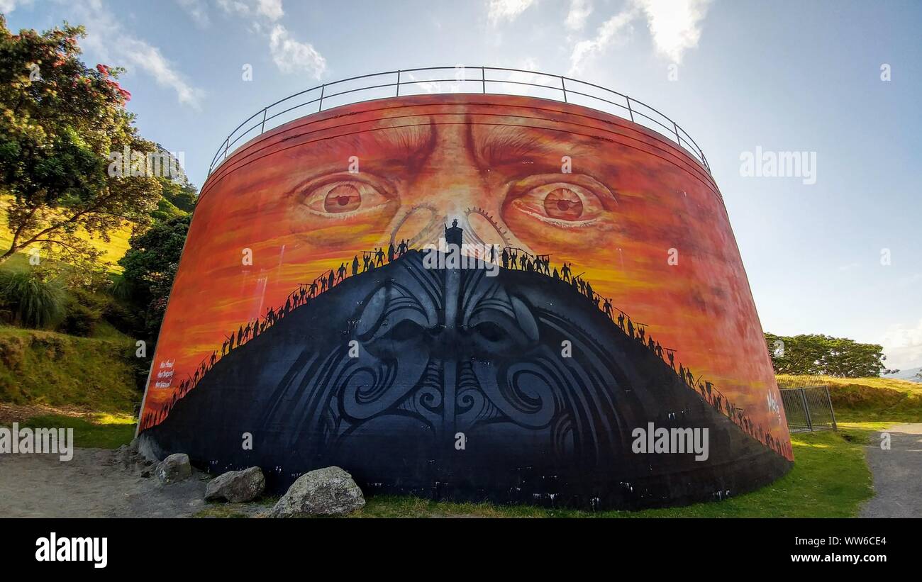 Large painted water tank, New Zealand Stock Photo - Alamy