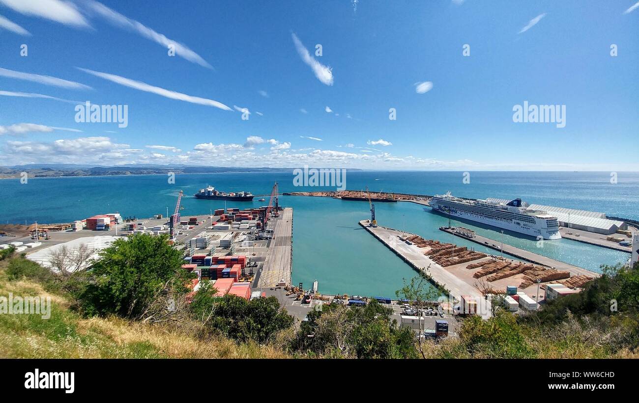 View of cargo port by the sea from Bluff Hill Lookout in Napier, New ...