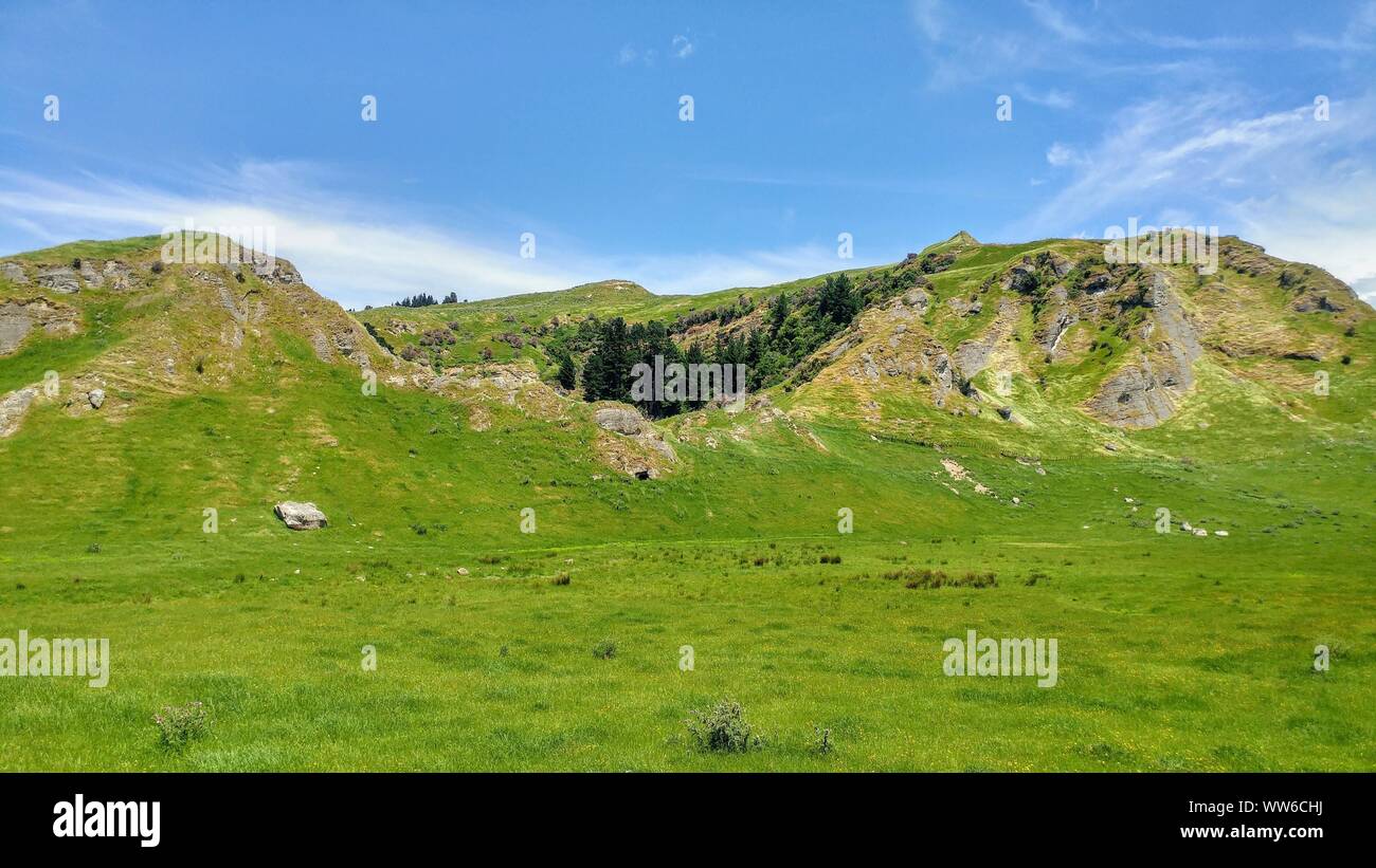 Trees between mountains in a valley, near Shine Falls, New Zealand ...