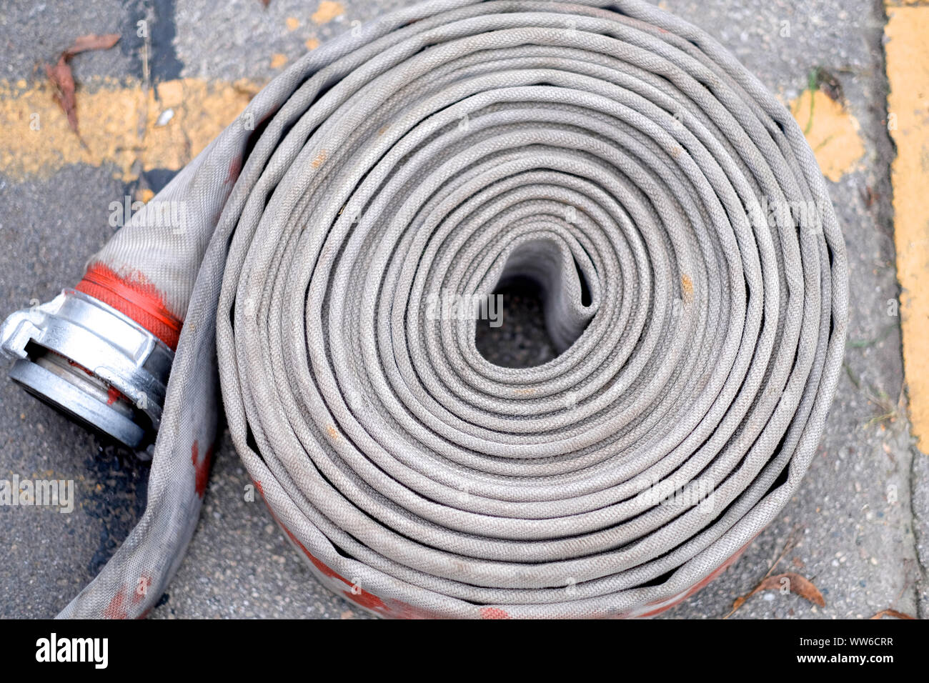 On the asphalt road is a roll of fire-resistant fire hose Stock Photo ...