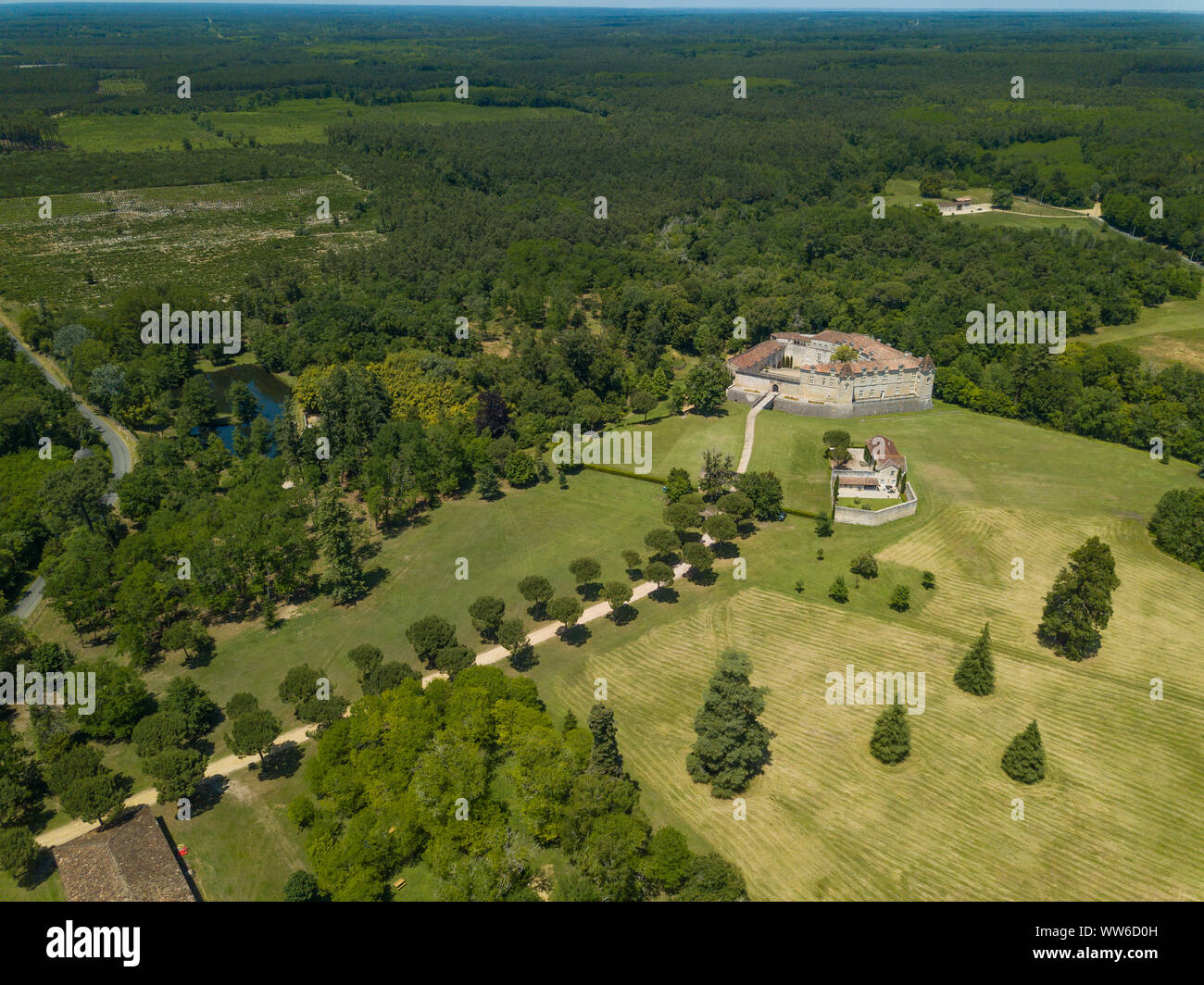 Aerial view of ancient fortified castle of Chateau de Cazeneuve ...
