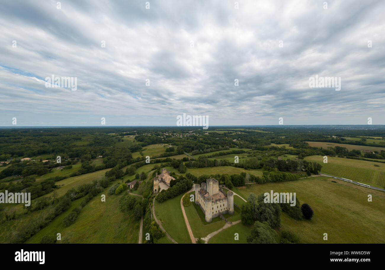 Aerial view of ancient fortified castle of Chateau de Roquetaillade in ...