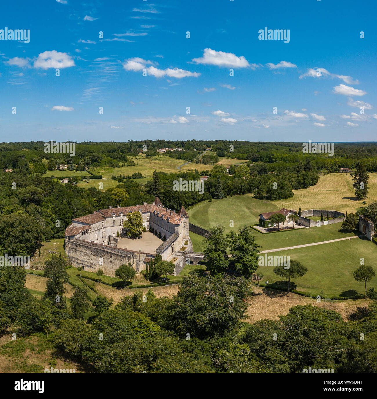 Aerial view of ancient fortified castle of Chateau de Cazeneuve ...