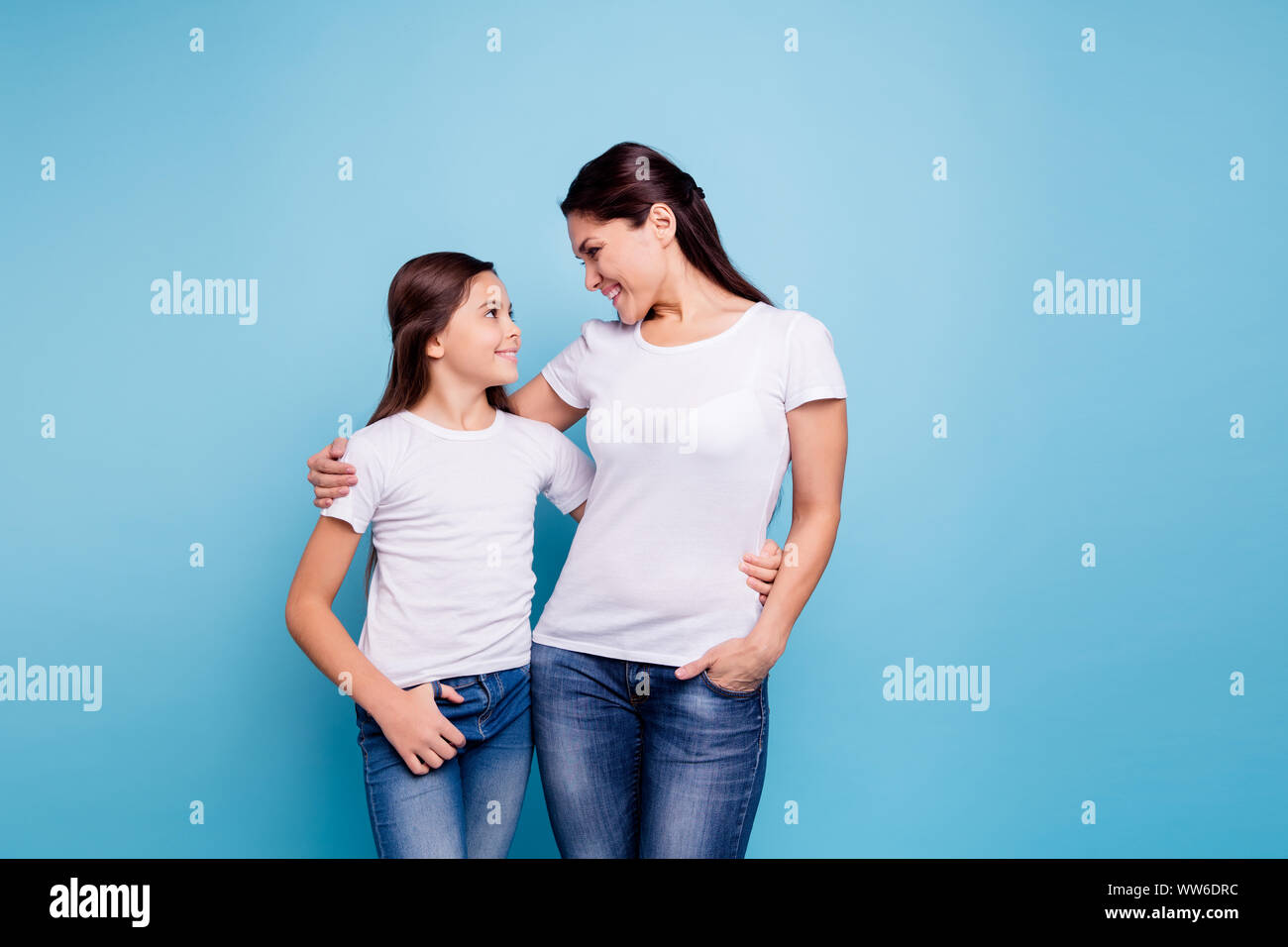 Close up photo amazing pretty two people brown haired mum small little ...