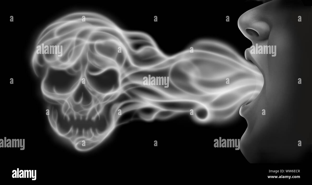 Vaping danger and toxic air health risk as a person exhaling steam ...
