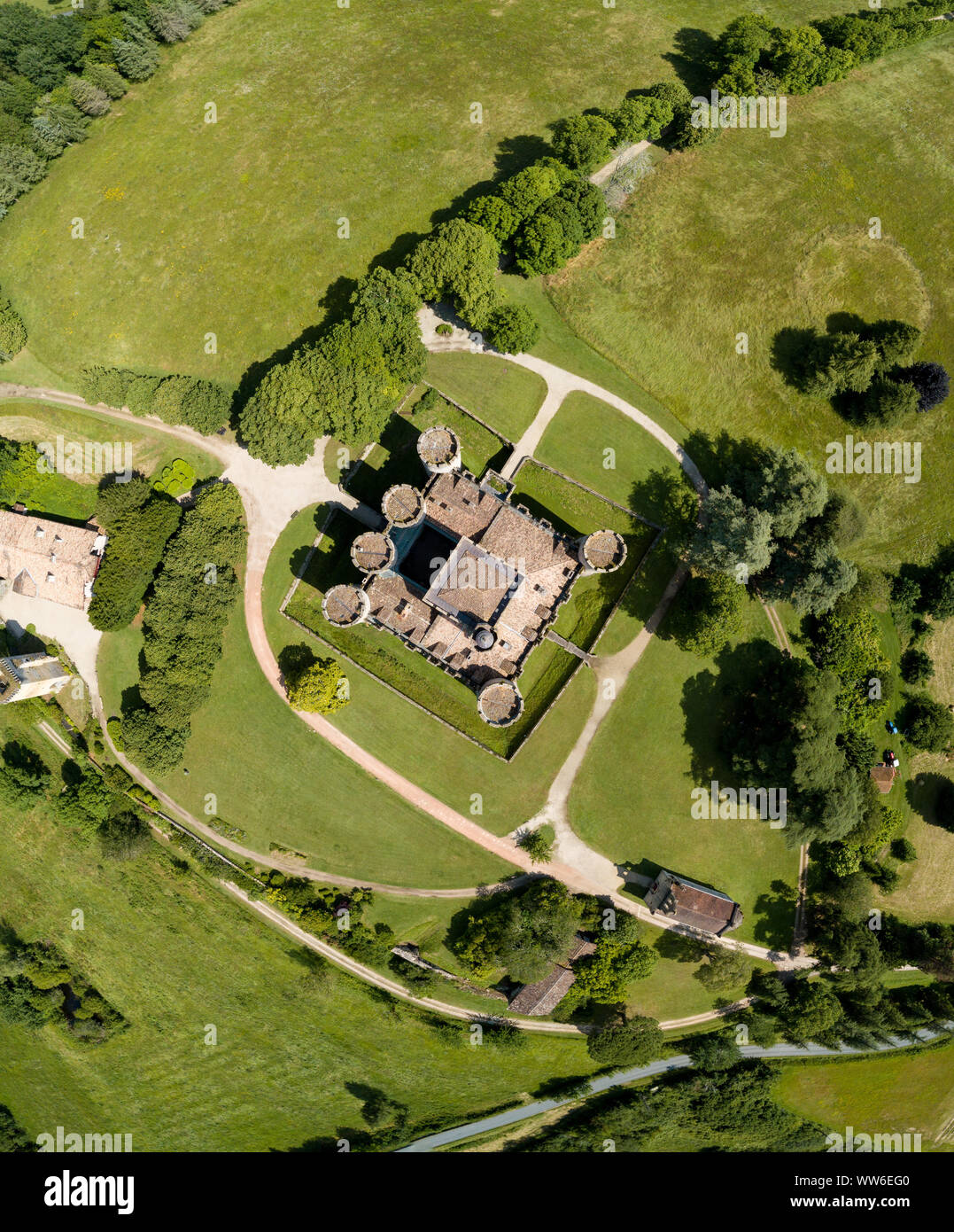 Aerial view of ancient fortified castle of Chateau de Roquetaillade in ...