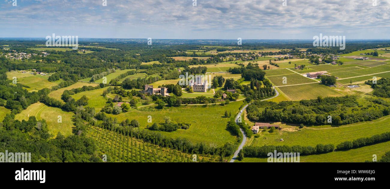 Aerial view of ancient fortified castle of Chateau de Roquetaillade in ...