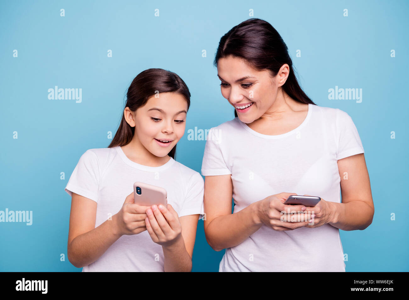 Close up photo beautiful two people brown haired mom small little ...