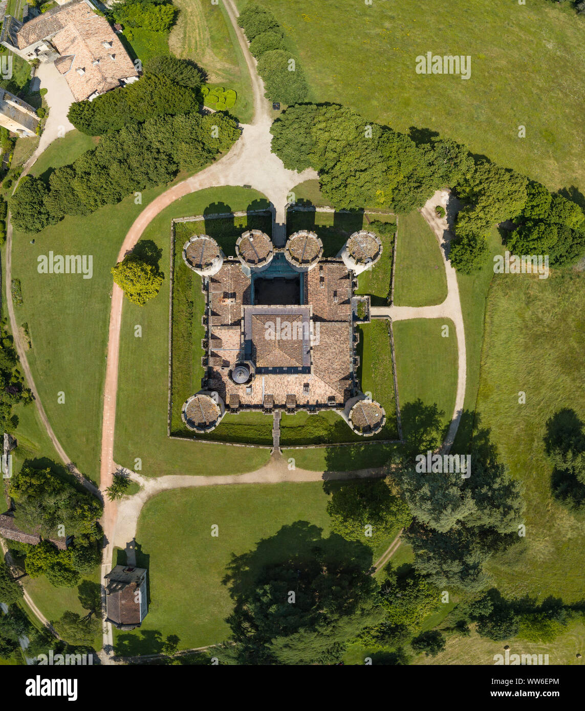 Aerial view of ancient fortified castle of Chateau de Roquetaillade in ...