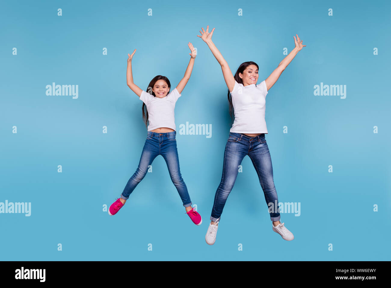 Full length body size view of two nice lovely attractive charming ...