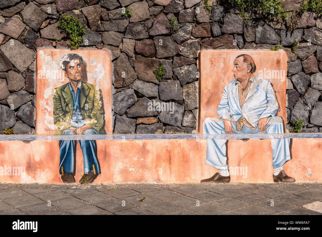 Italy, Sicily, Aeolian Islands, Salina, Pollara, church square, murals ...