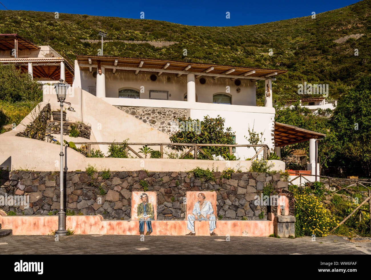 Italy, Sicily, Aeolian Islands, Salina, Pollara, church square, murals ...