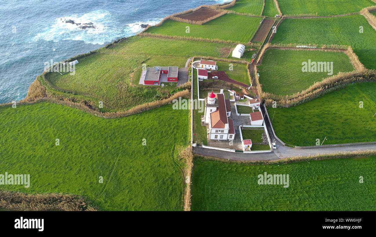 Aerial view Lighthouse Ponta da Ferraria, Azores island Sao Miguel ...