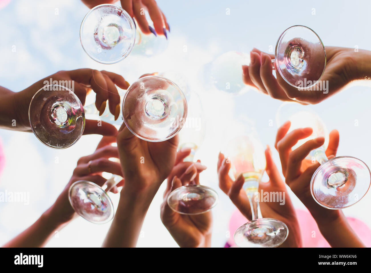 Clinking glasses with alcohol and toasting, party. Congratulations to ...