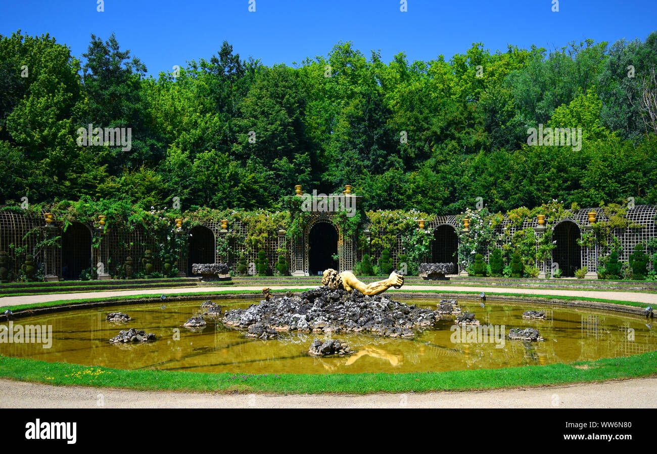 Paris / France - July 6, 2019: Enkelados statue fountain in Versailles ...