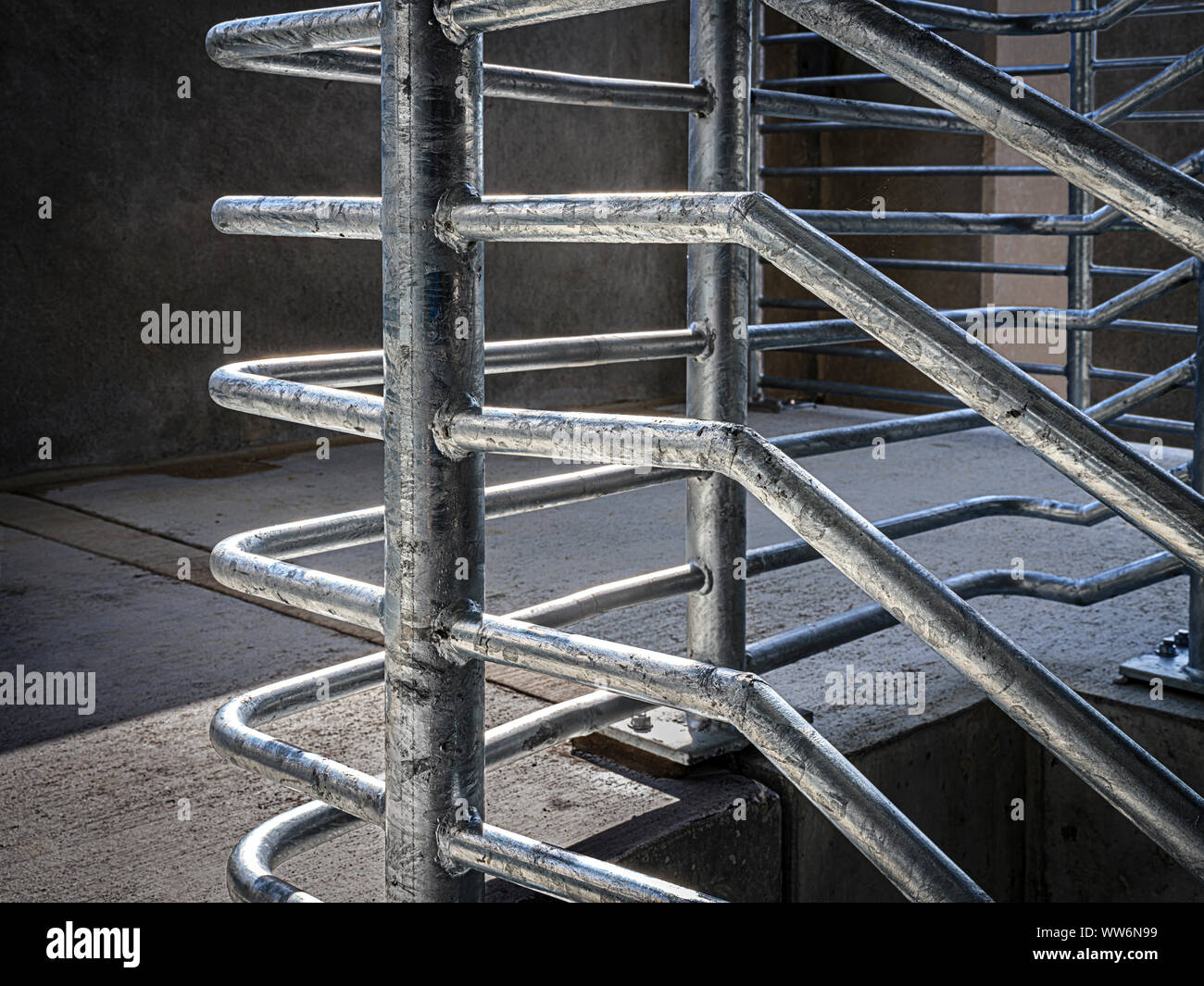Silver Metal Railing In Parking Garage Stairwell, Maryland, USA Stock ...