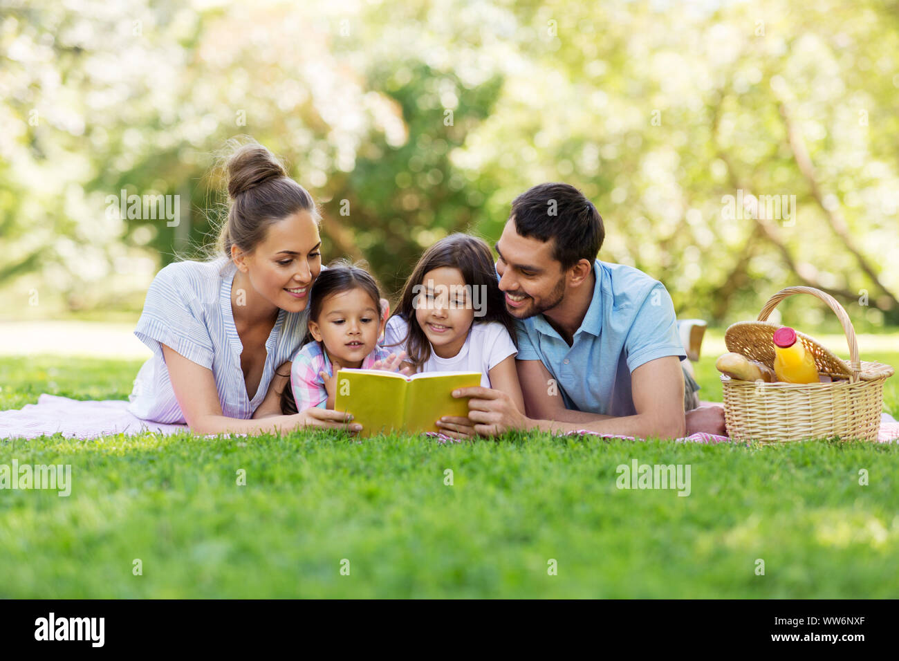 family reading book on picnic in summer park Stock Photo - Alamy
