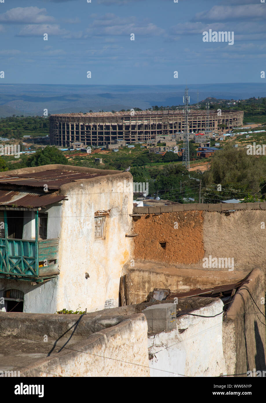 The new stadium seen from the old town, Harari region, Harar, Ethiopia ...