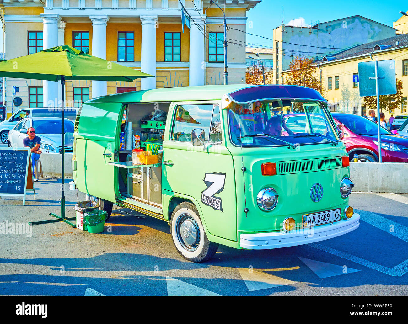 KYIV, UKRAINE - SEPTEMBER 20, 2017: The retro VW bus serves as the cafe ...