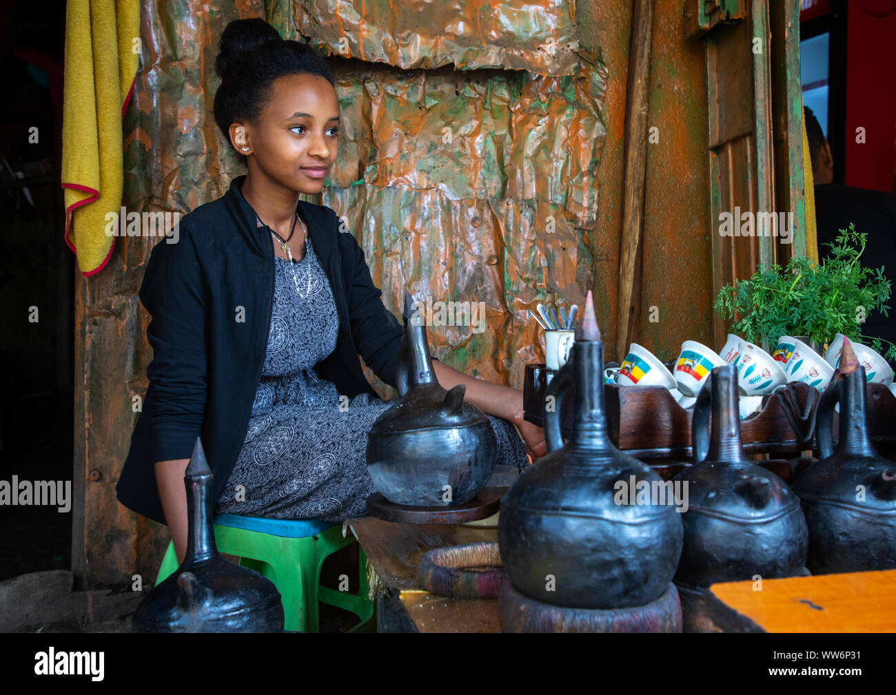Ethiopian woman preparing coffee in a bar, Harari region, Harar ...