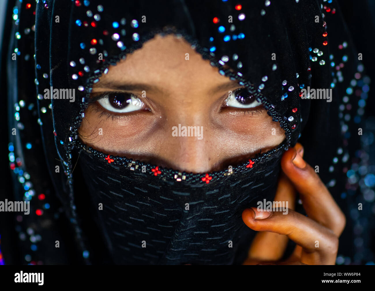 Portrait of a veiled Rashaida tribe girl, Northern Red Sea, Massawa ...