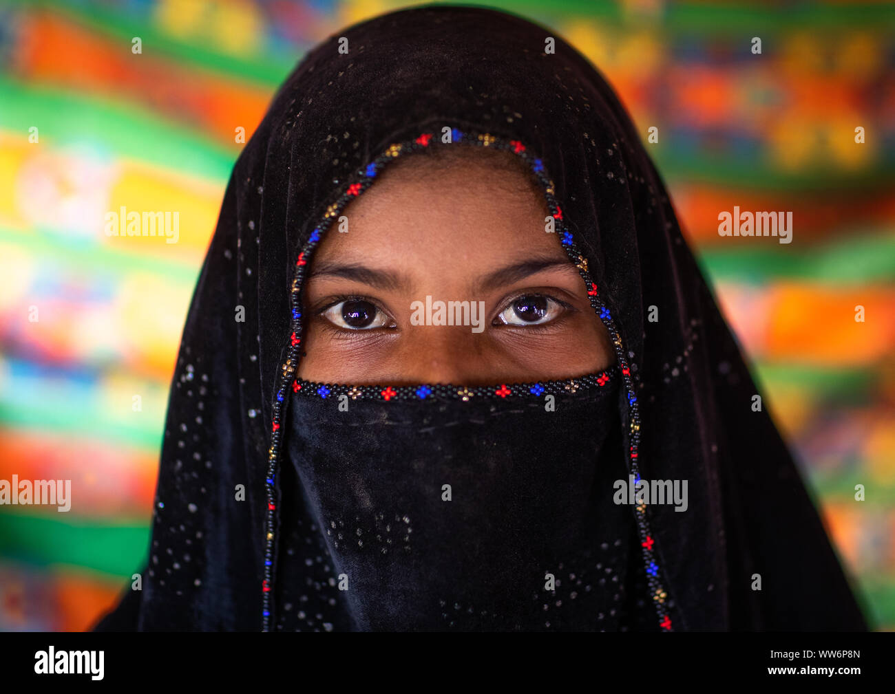 Portrait of a veiled Rashaida tribe girl, Northern Red Sea, Massawa ...