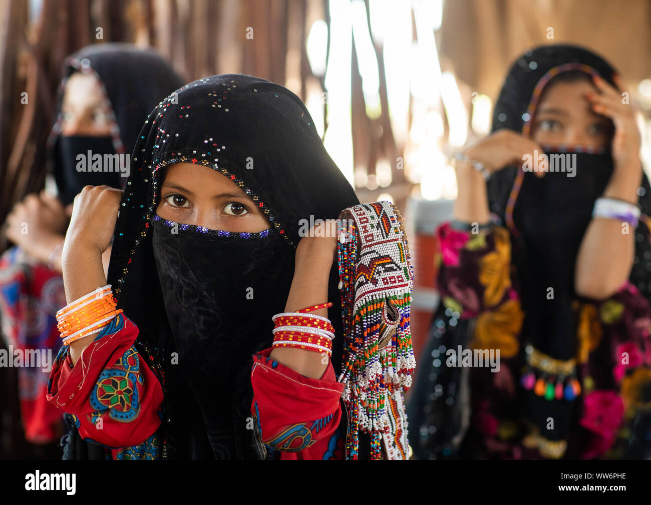 Portrait of veiled Rashaida tribe girls, Northern Red Sea, Massawa ...