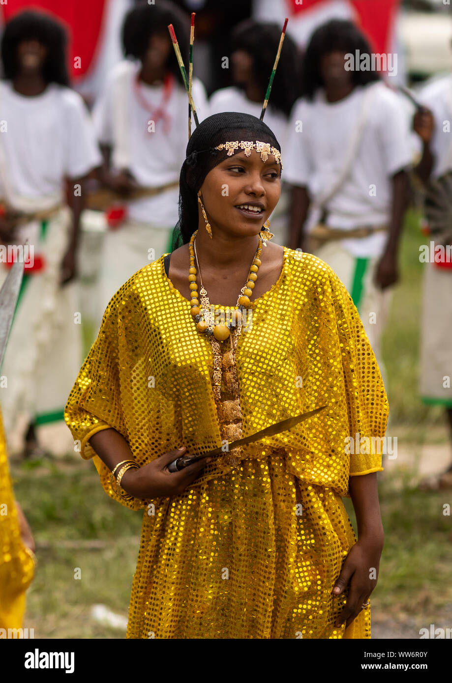 Afar tribe woman dancing with a jile knife during expo festival ...