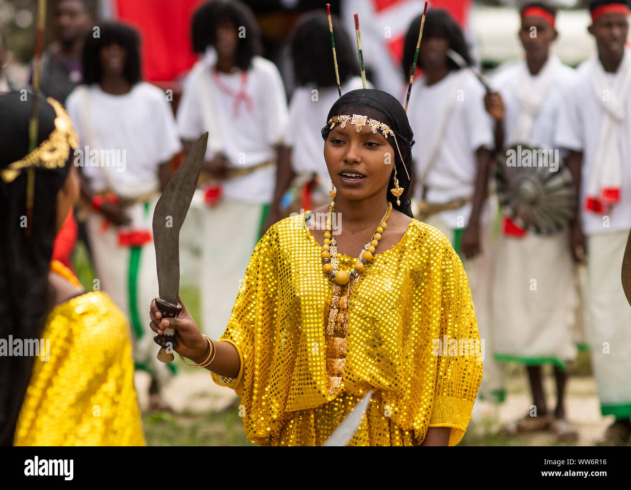Afar tribe woman dancing with a jile knife during expo festival ...