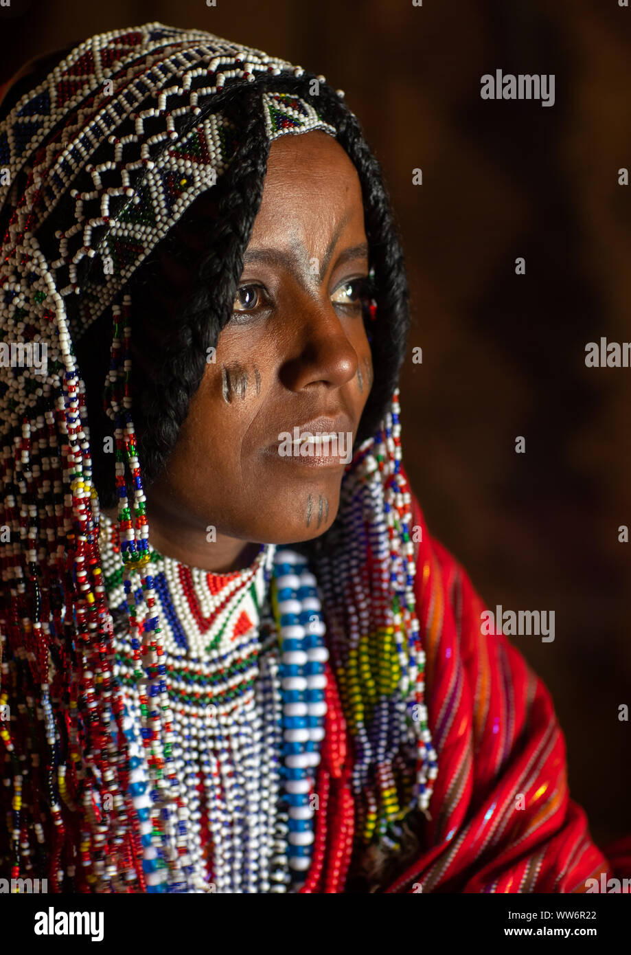 Portrait of an Afar tribe girl with beaded headwear, Central region ...