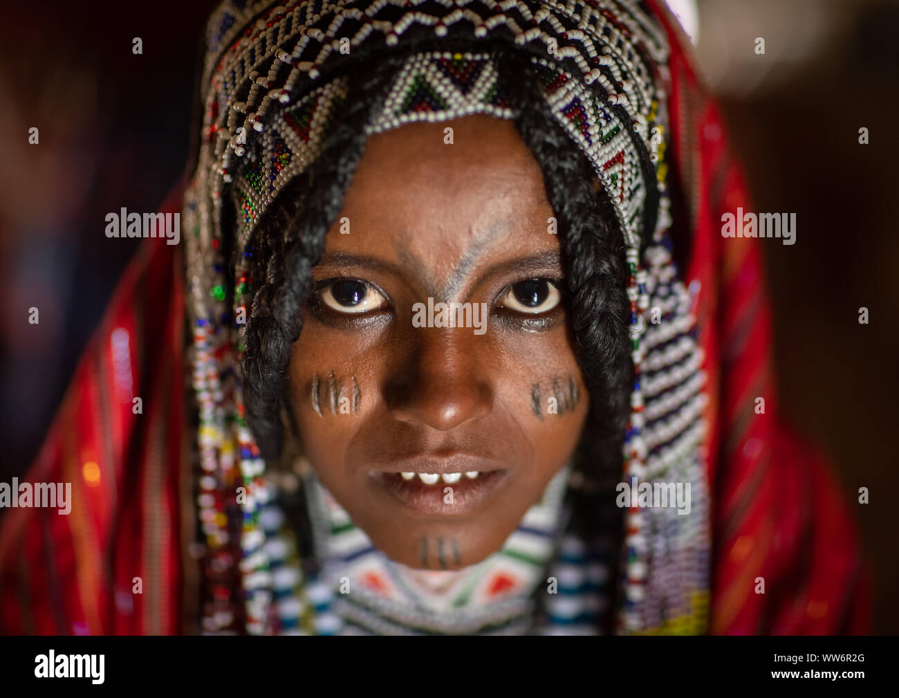 Portrait of an Afar tribe girl with beaded headwear, Central region ...