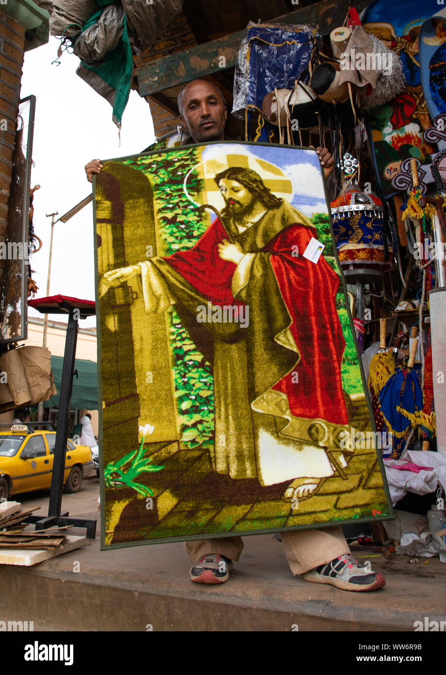 Shop selling religious carpets in the market, Central region, Asmara ...