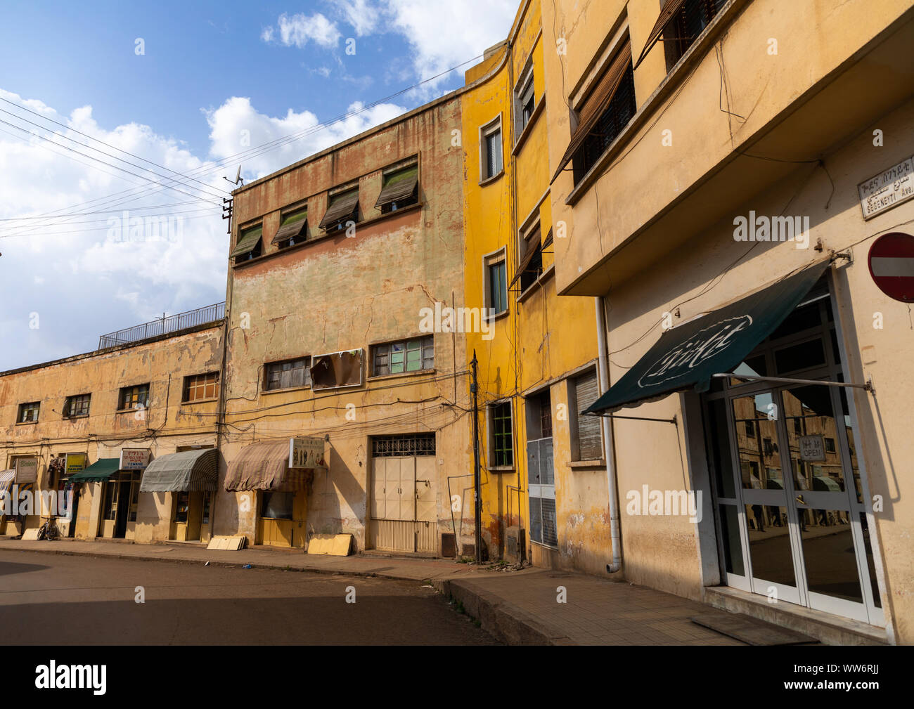 Exterior of old art deco style building from the italian colonial times ...