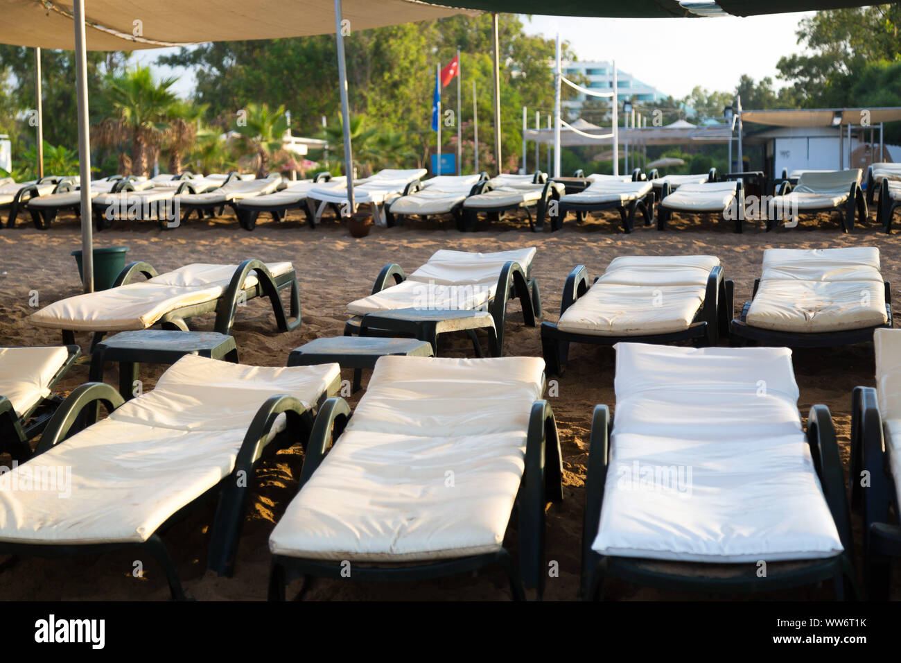 Sea beach and many empty sunbeds for leisure travelers Stock Photo - Alamy