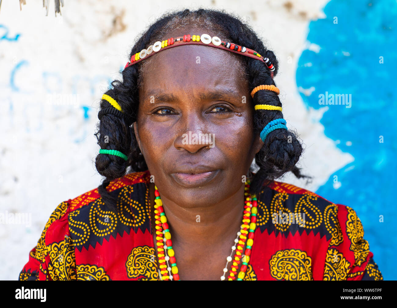 Portrait of a Kunama tribe woman with traditional hairstyle, Gash-Barka ...