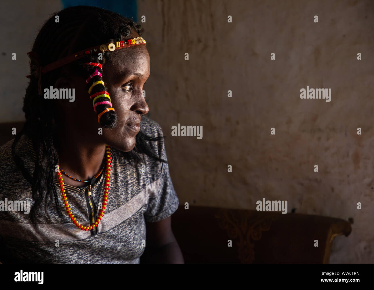 Portrait of a Kunama tribe woman with traditional hairstyle, Gash-Barka ...