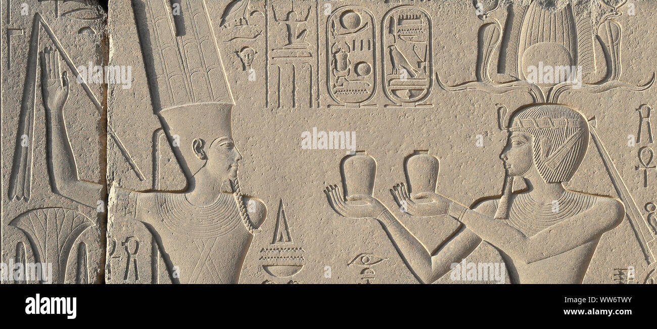 The pharaoh offering vases to god Min-Amon Stock Photo - Alamy