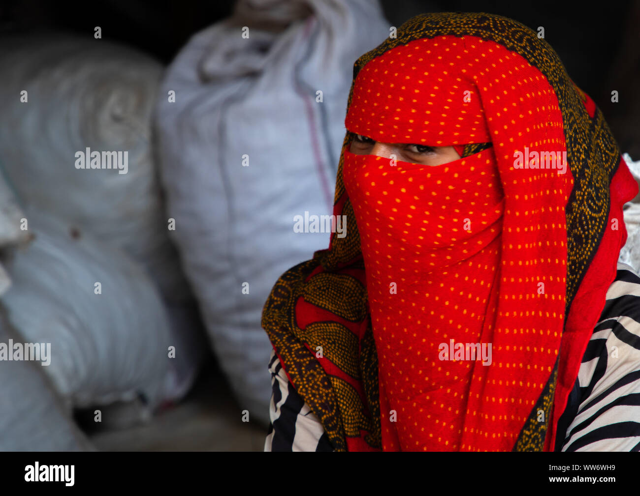 Bilen tribe woman with the face covered in the monday market, Semien ...